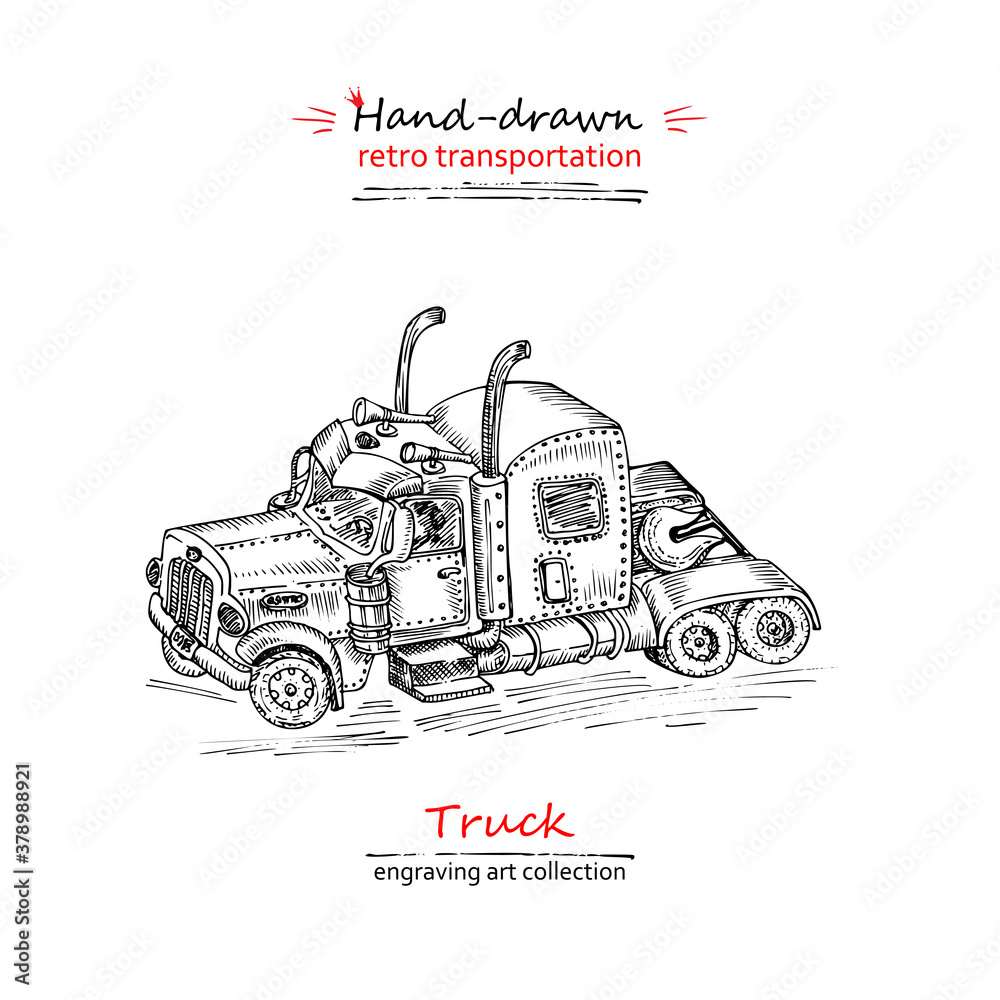 Hand drawn truck isolated on white background. Vintage sketch lorry ...