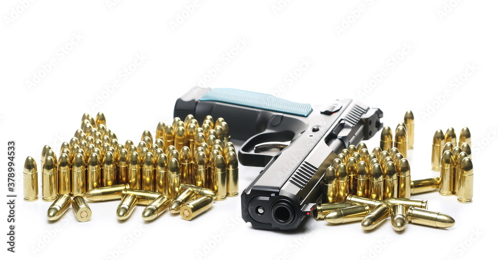 Pistol 9 mm, new handgun semi-automatic and bullet isolated on white ...