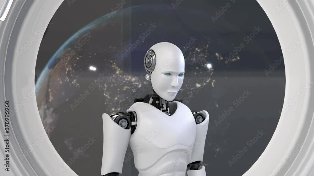 Futuristic robot, artificial intelligence CGI inside spaceship in space ...