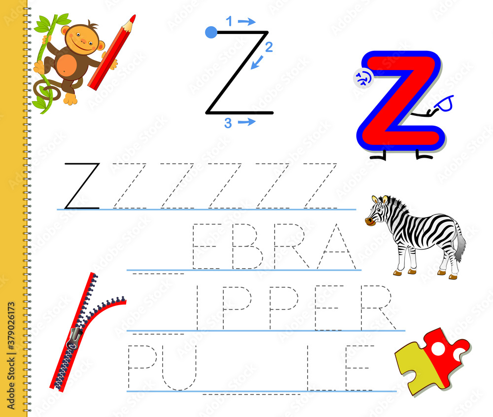 Learn to trace letter Z. Study English words. Worksheet for children ...