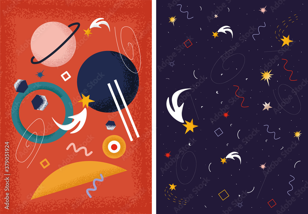 Set of bright vector space posters with planet, stars, meteorites and ...