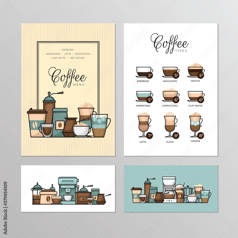 Coffee shop menu. Types of coffee. Infographic and banner. Flat style ...