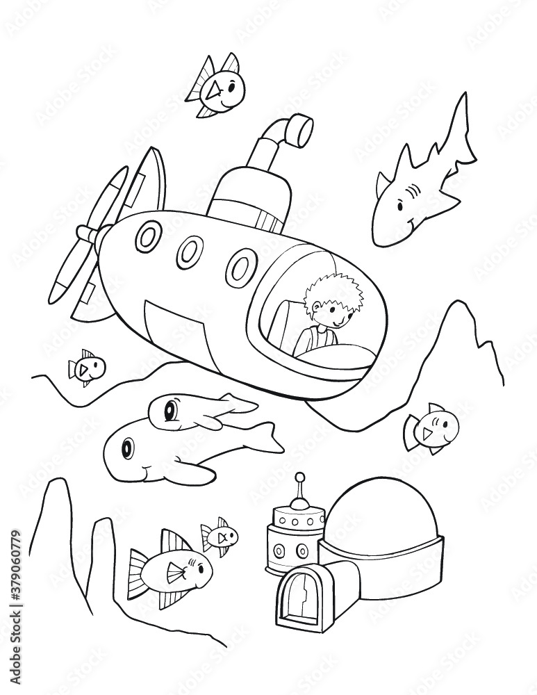 Ocean Explorer Submarine Coloring Book Page Vector Illustration Art ...