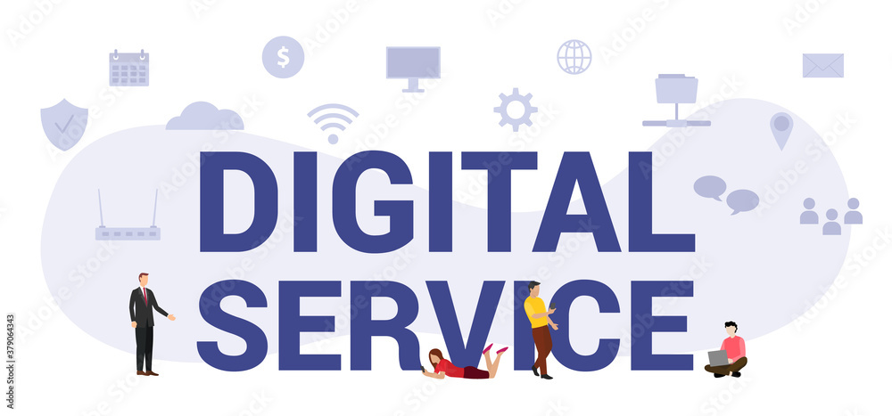digital service concept with modern big text or word and people with ...