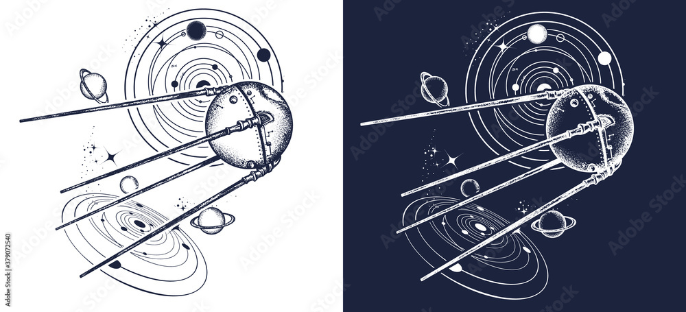 Sputnik space ship tattoo and t-shirt design. Universe research. Symbol ...