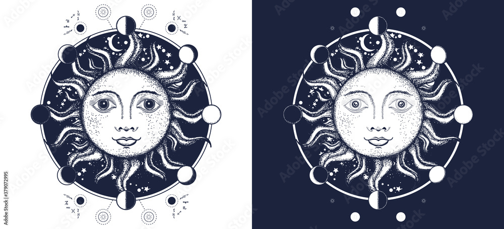Sun tattoo. Moon phases. Medieval symbol t-shirt design. Black and ...