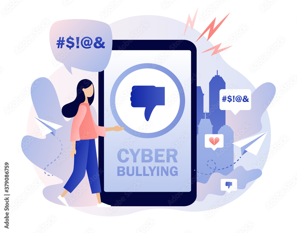 Cyberbullying. Haters online. Bullying internet, trolling and hate speech. Tiny girl put ...