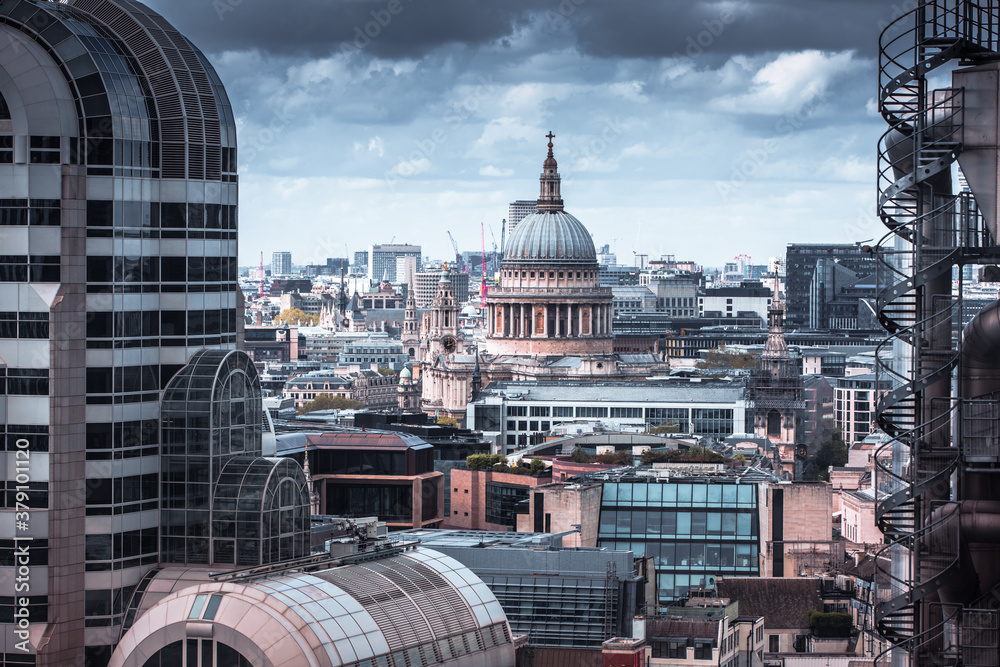 City of London West side view with lots of office buildings, St. Paul's ...