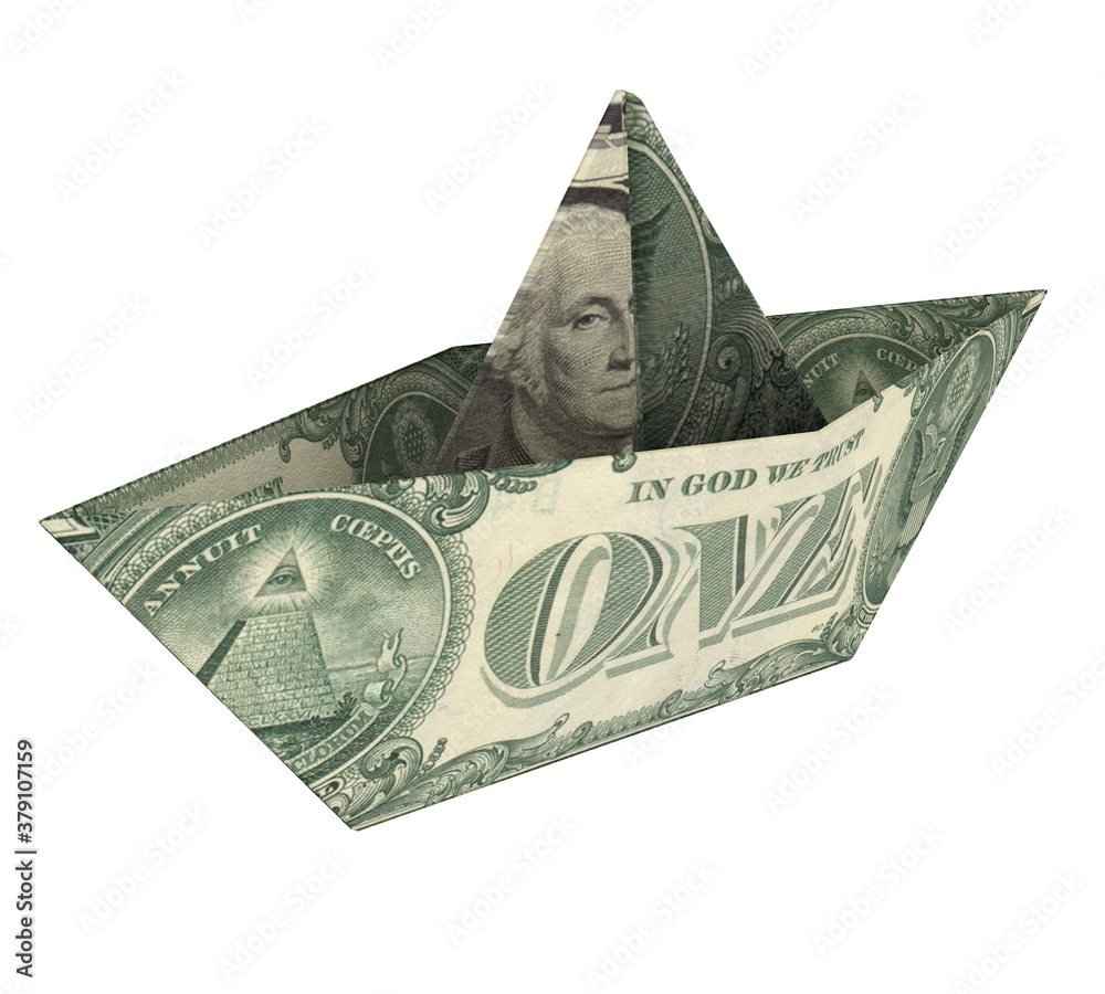Money origami business or economics concept. Dollar bill paper boat. 3D ...
