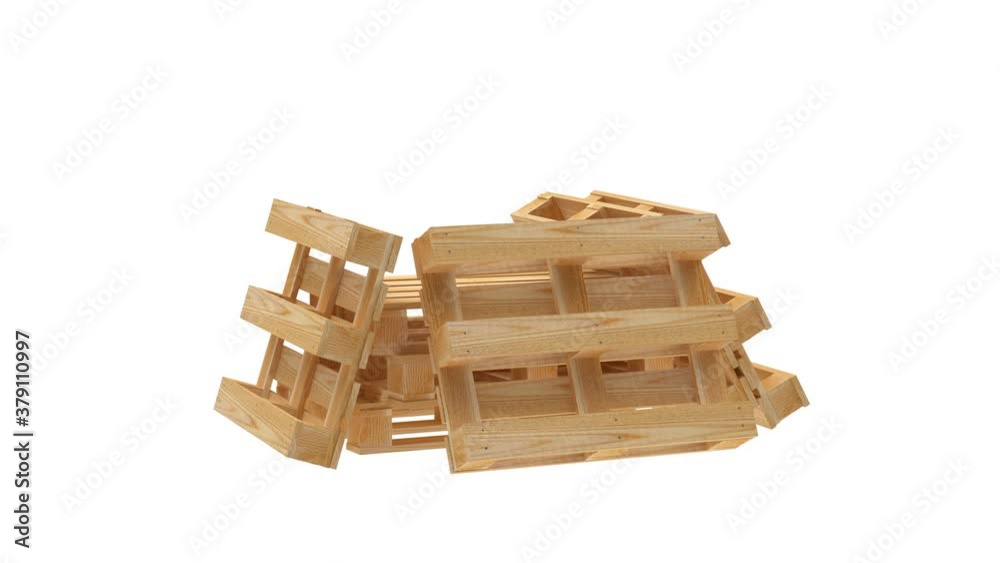 3d animation of rotation of a pile of empty wooden pallets isolated on ...