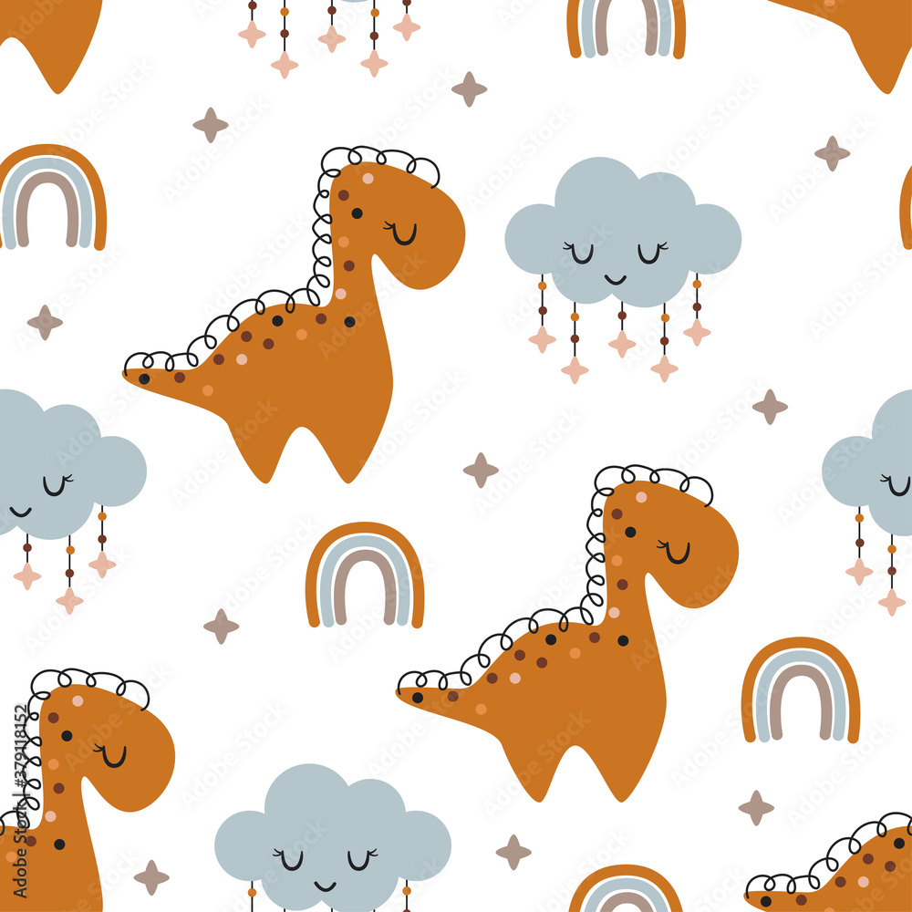 seamless pattern with dinosaur and cloud - vector illustration, eps ...
