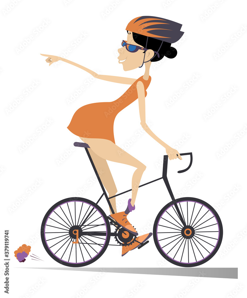 Cartoon young woman rides a bike isolated. Smiling woman in helmet on ...
