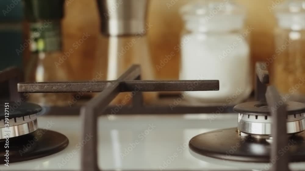 Close-up. The fire burns on a working burner. The camera moves to the ...