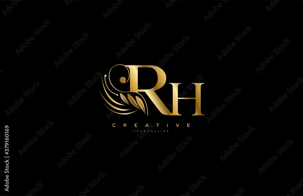 Initial RH letter luxury beauty flourishes ornament golden monogram ...