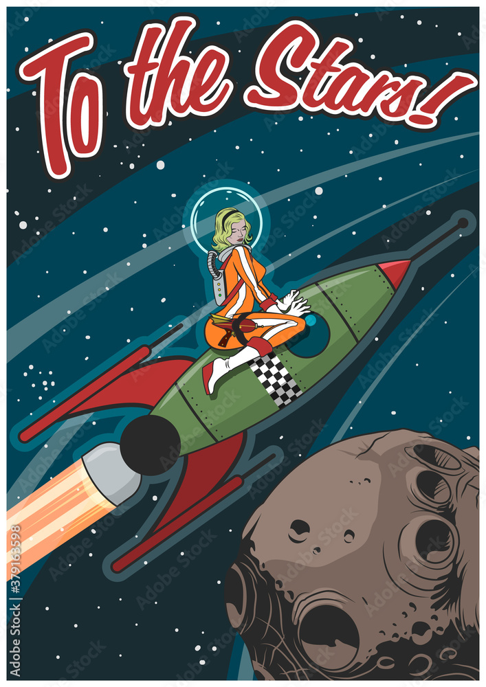 Pin Up Girl On The Space Rocket Retro Future Style Illustration Stock Vector Adobe Stock