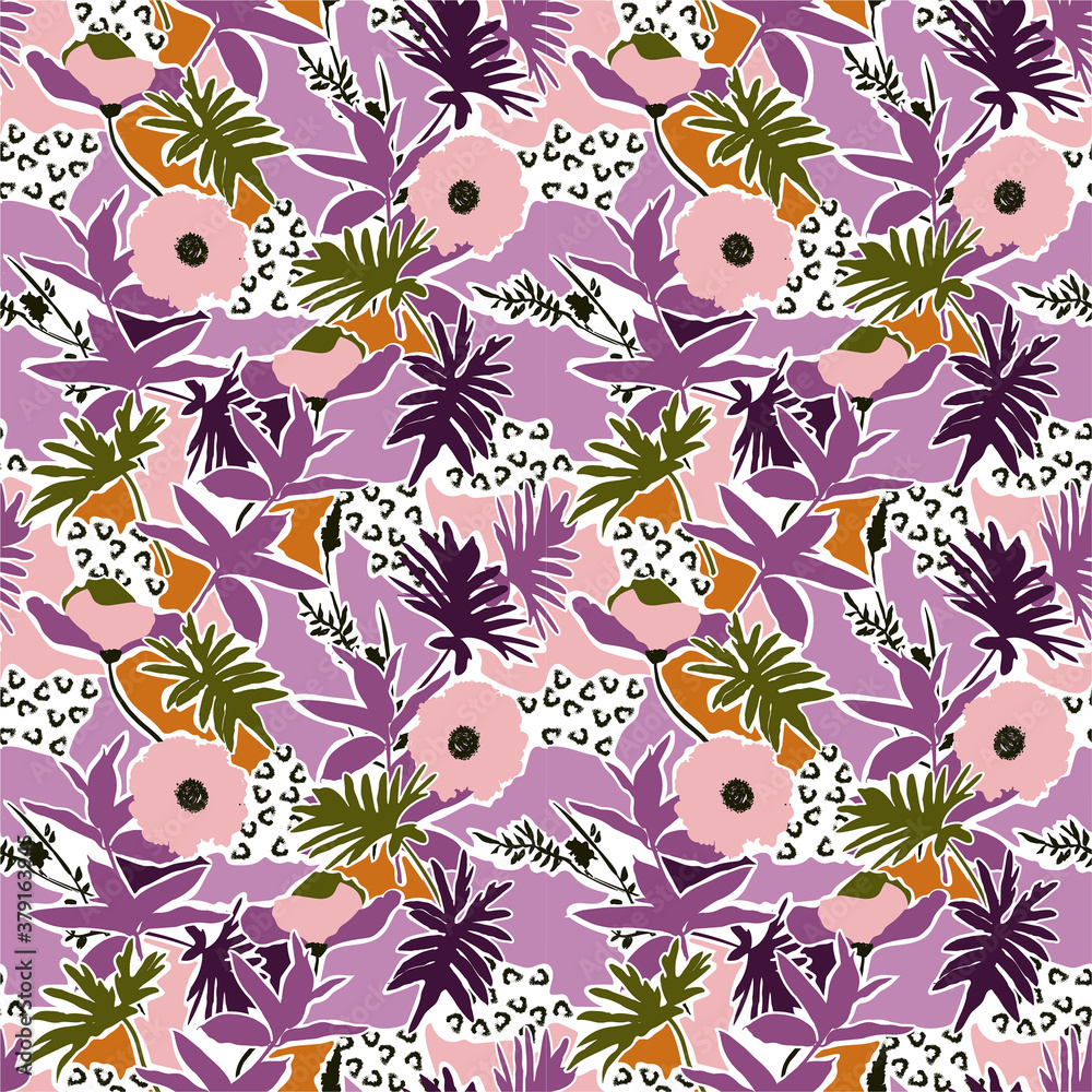 Beautuful Artistic hand drawn modern flower seamless pattern on trendy ...