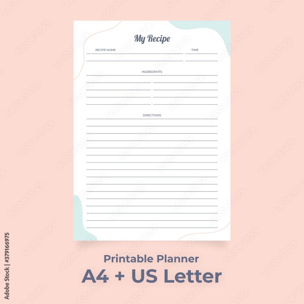 Minimalist Food Recipe Planner Printable, Simple Ingredients Form ...