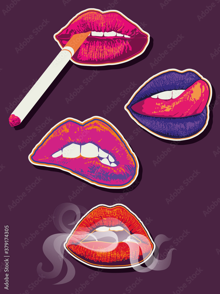 Sexy Lips Drawing Sticker Set, Mouth, Cigarette, Smoke, Tongue Stock ...