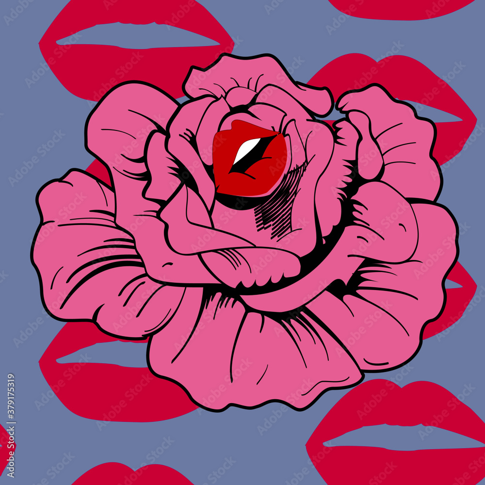 vector illustration of a pink flower with lips sticking out from inside ...