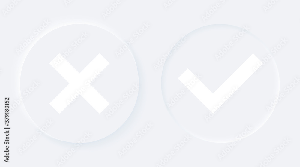 Accept aprove and reject icons. Neumorphic 3d soft effect white circle button. Check tick cross ...