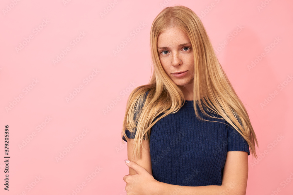 Youth, beauty, style and fashion concept. Isolated image of adorable ...