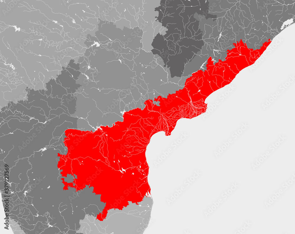 India states - map of Andhra Pradesh. Hand made. Rivers and lakes are ...
