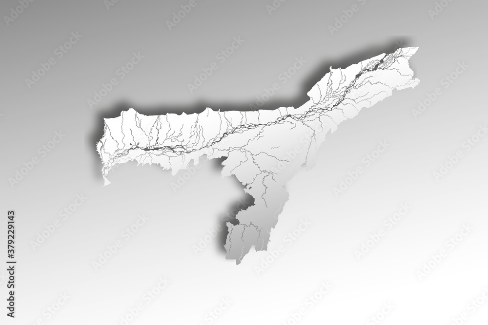 India states - map of Assam with paper cut effect. Rivers and lakes are ...