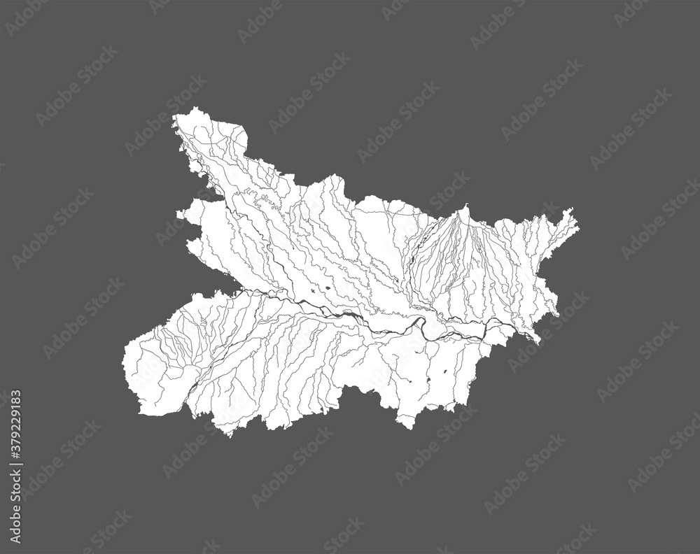 India states - map of Bihar. Hand made. Rivers and lakes are shown ...