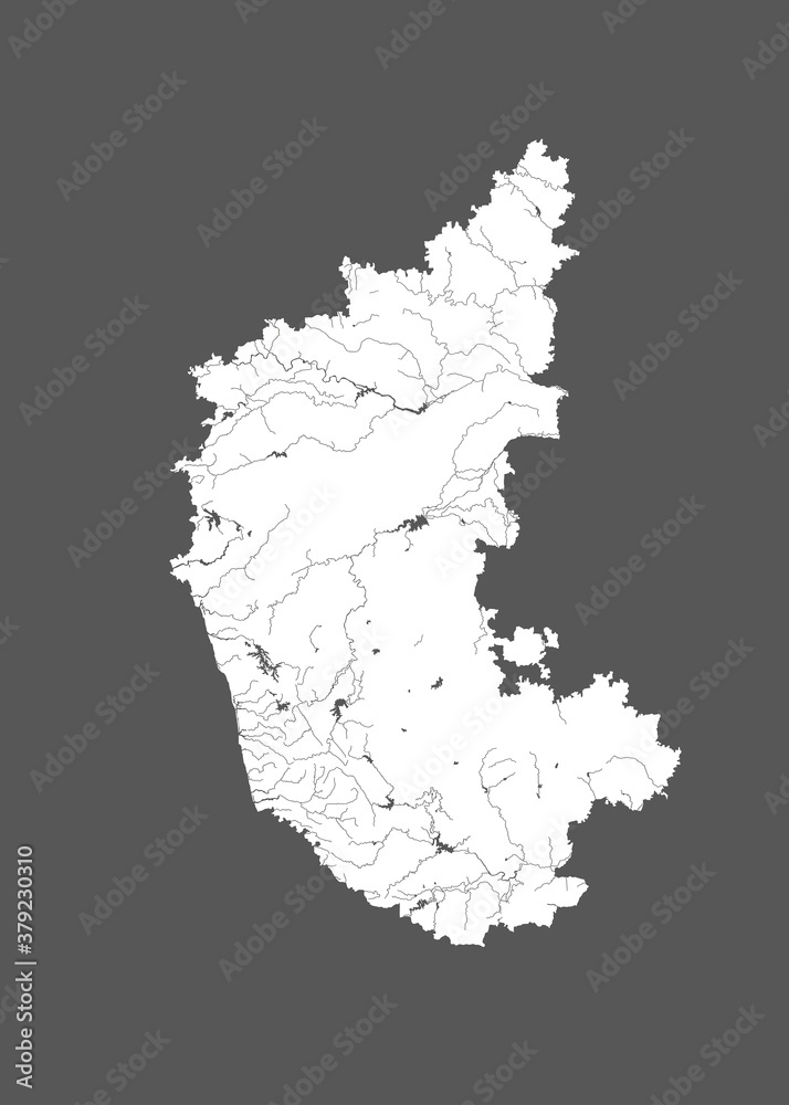 India states - map of Karnataka. Hand made. Rivers and lakes are shown ...