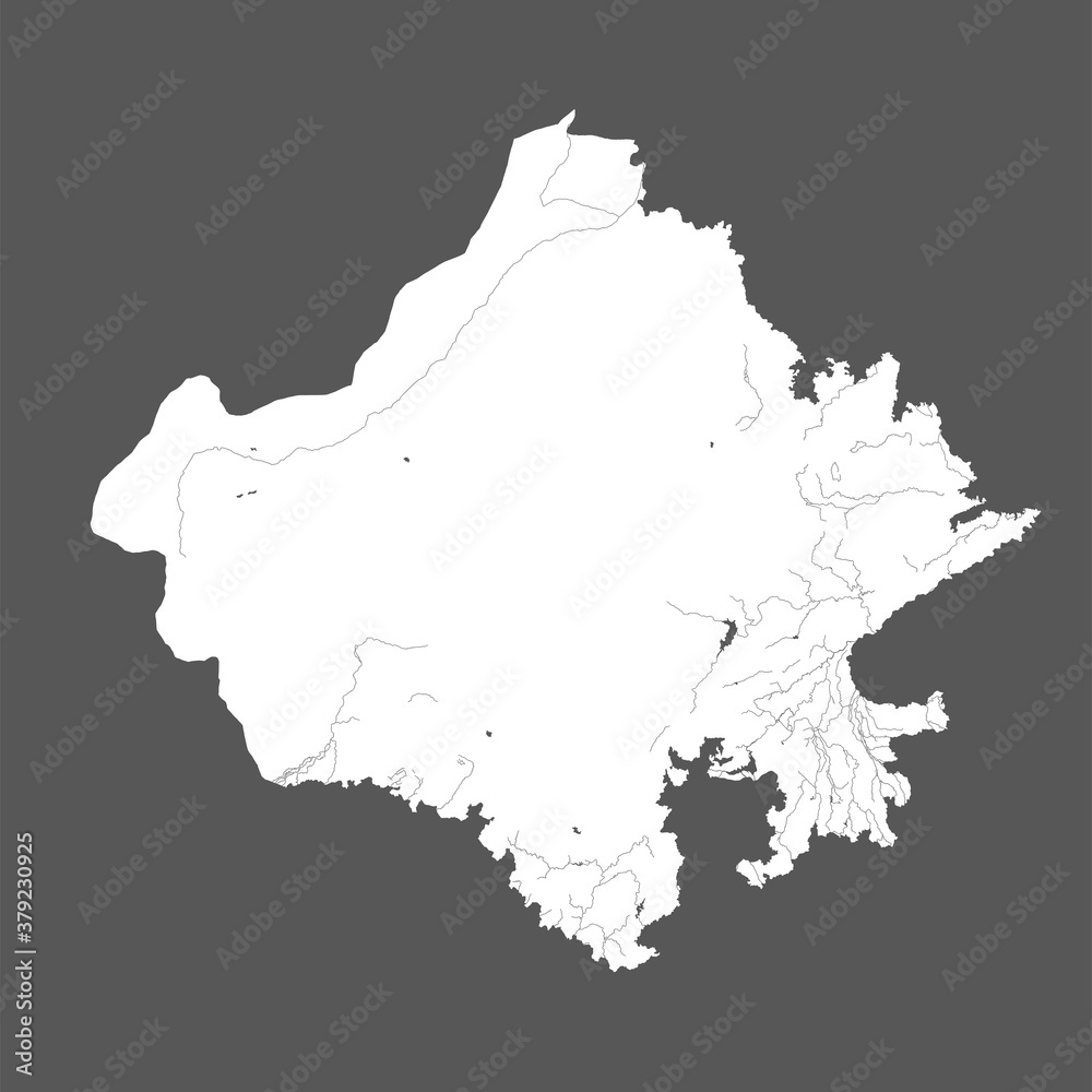 India states - map of Rajasthan. Hand made. Rivers and lakes are shown ...