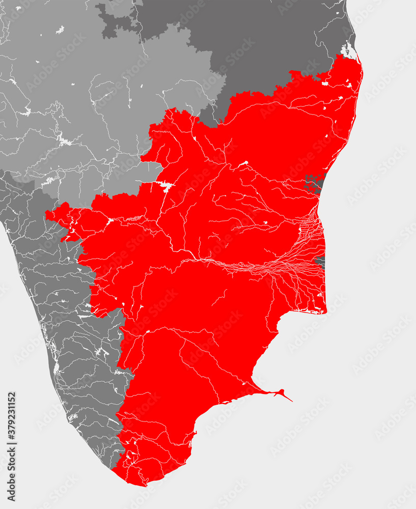 India states - map of Tamil Nadu. Hand made. Rivers and lakes are shown ...