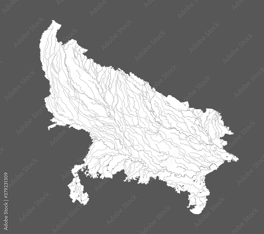 India states - map of Uttar Pradesh. Hand made. Rivers and lakes are ...