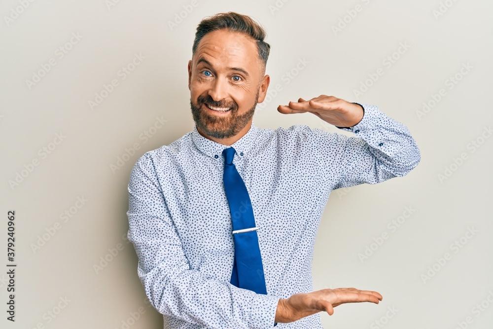 Handsome middle age man wearing business shirt and tie gesturing with ...