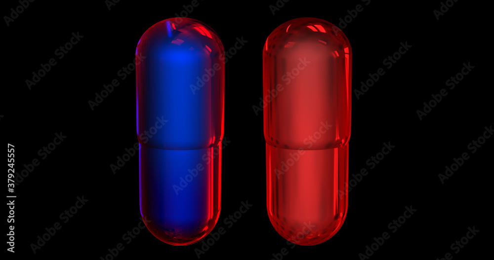 3D illustration of Blue pill on the left and Red pill on the right in ...