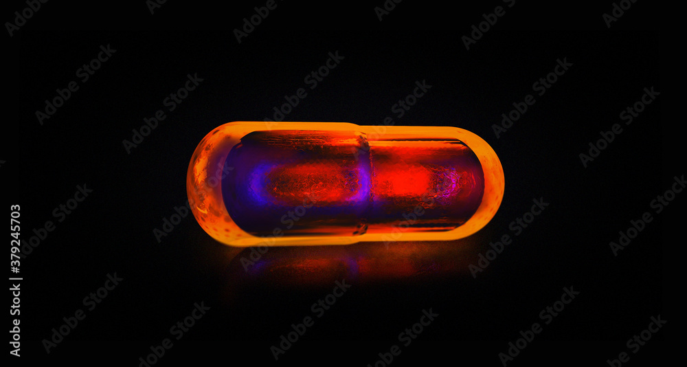 3D illustration of blue pill inside orange pill on reflective black ...