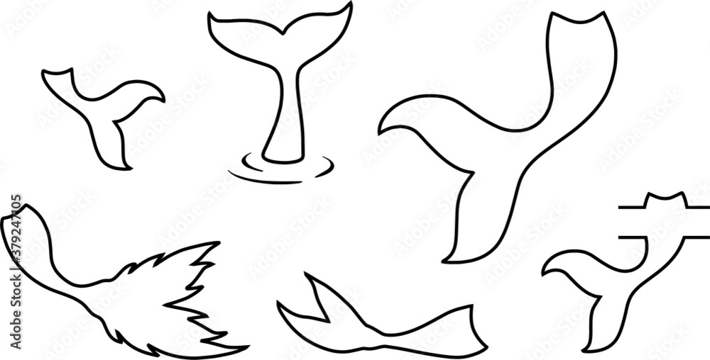 Mermaid tails, fish, starfish, shell silhouettes. Marine elements ...