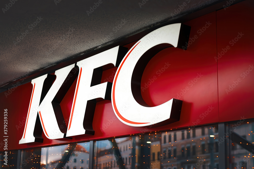 Minsk, Belarus. Nov 2019. KFC restaurant luminous sign in evening. KFC ...