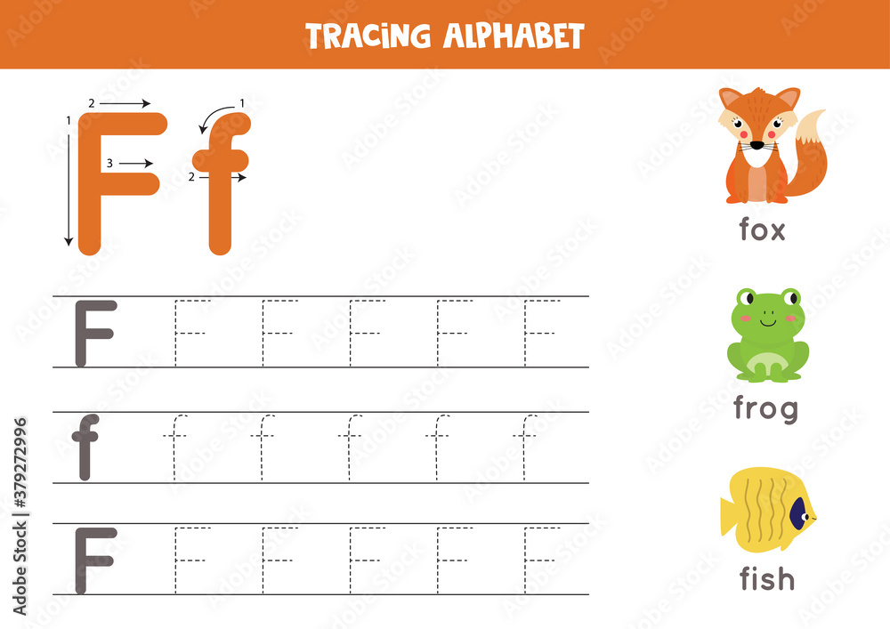 Vetor de F is for fox, frog, fish. Tracing English alphabet worksheet ...