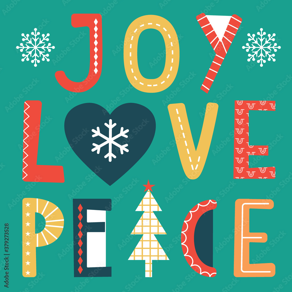 Cute Christmas card greetings with joy,love and peace lettering, vector ...