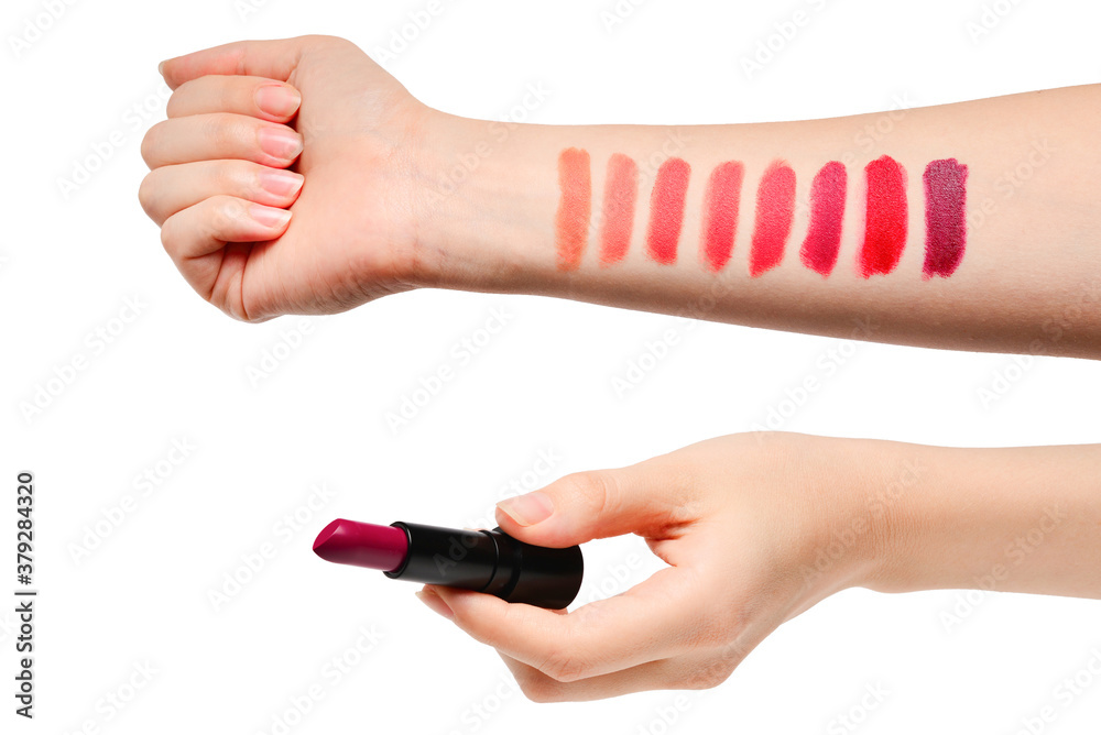 Lipstick swatches on woman hand isolated on white. Stock Photo | Adobe ...