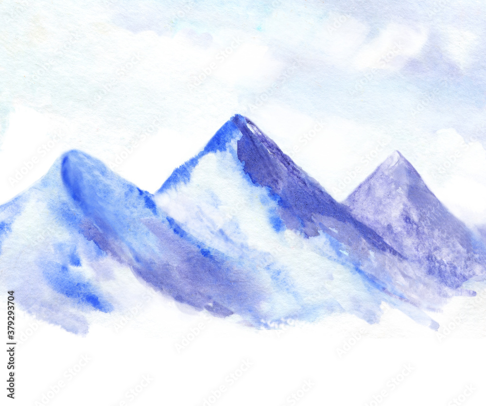 watercolor illustration of blue mountains and cloudy sky. snowy ...