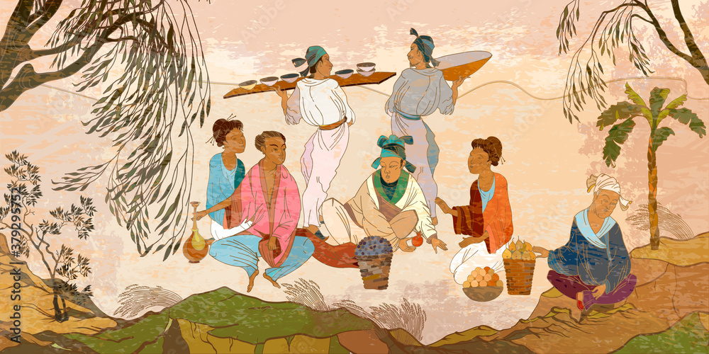 Ancient China. Classic wall drawing. Murals and watercolor asian style ...