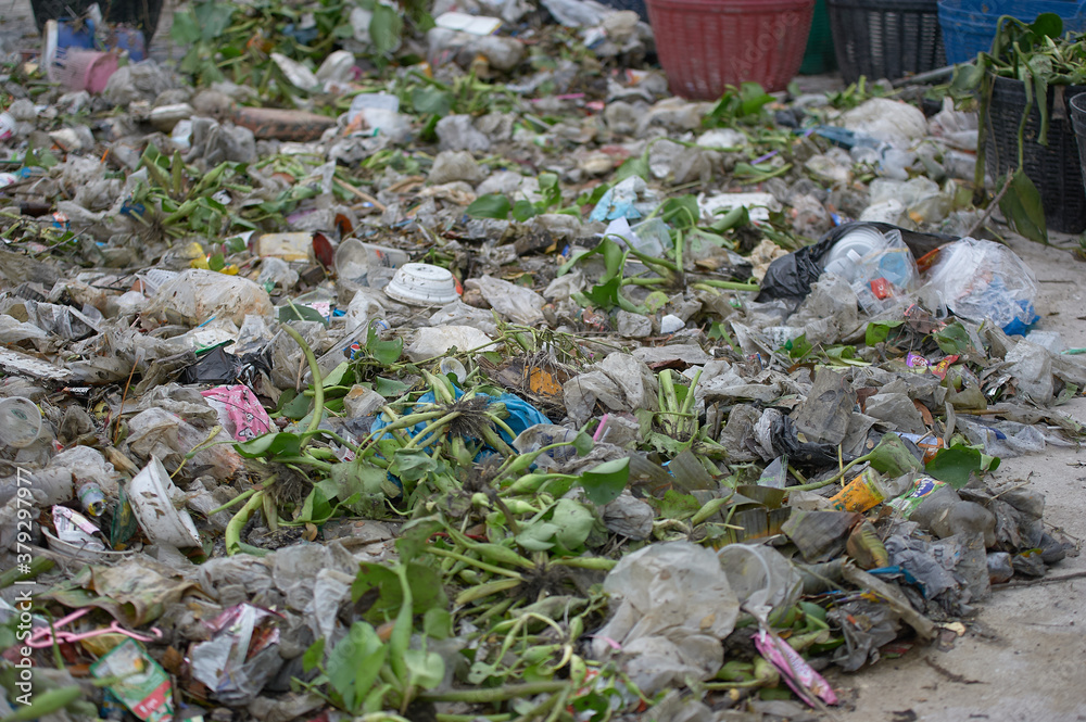 garbage waste landscape, many of waste garbage plastic, bottle, paper ...