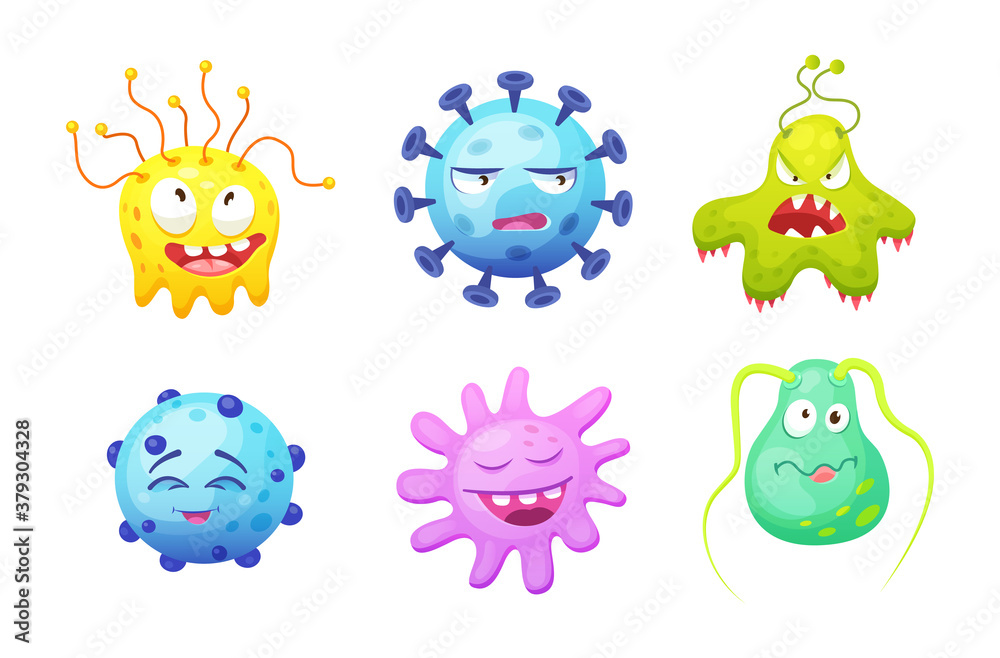Microorganism, bacteria, microbes, cute germs, virus cell, bacillus ...