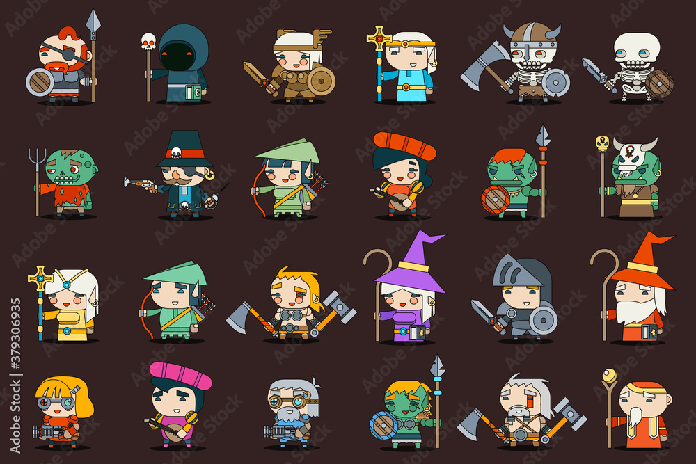Fantasy rpg game heroes villains minions character vector outline icons ...