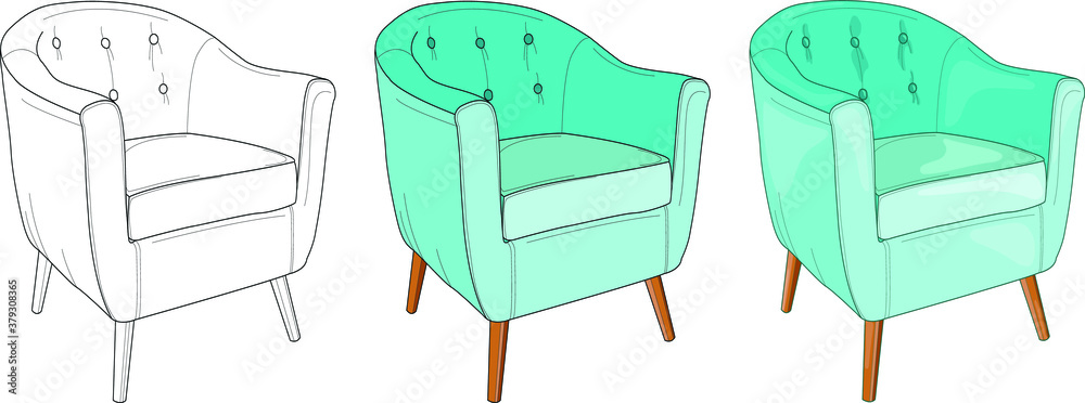 Realistic modern bright blue armchair three different ways template set ...