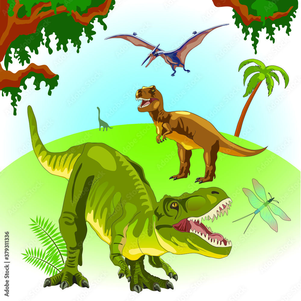 Dinosaurs on a landscape background. Prehistoric era. Mesozoic era ...
