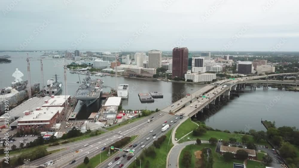 Norfolk Virginia Skyline with Navy Ship in Port in Foreground Aerial in ...