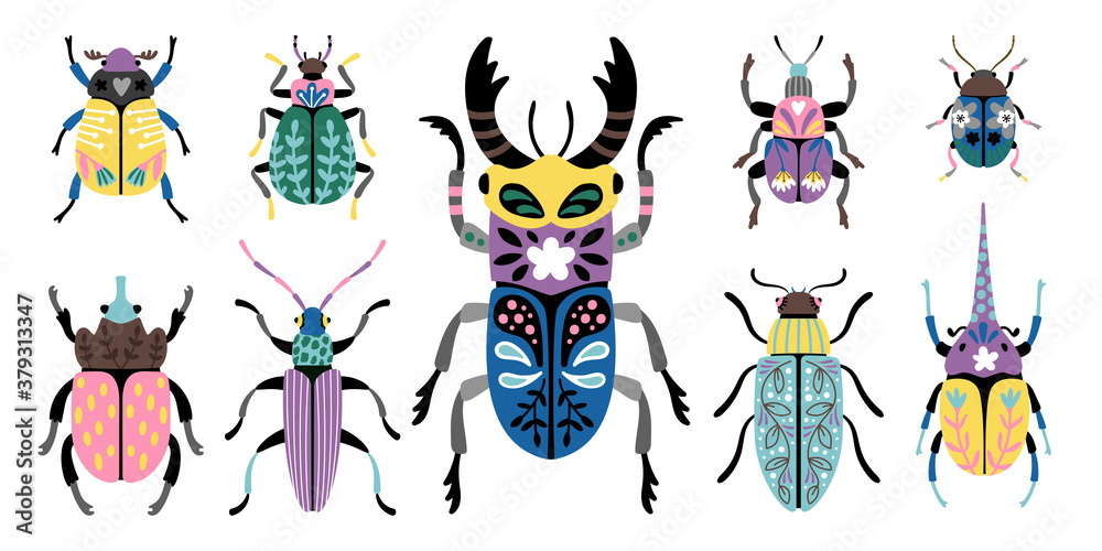 Colorful beetles. Cartoon macro image of cute small bugs, set of ...