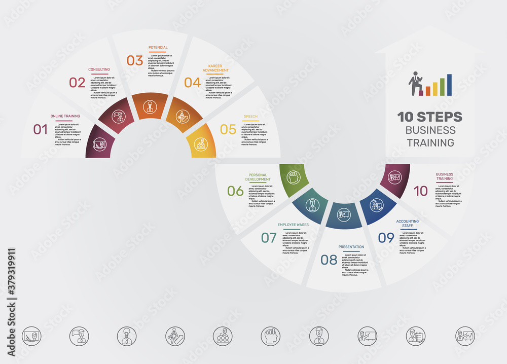 Infographic Business Training template. Icons in different colors ...